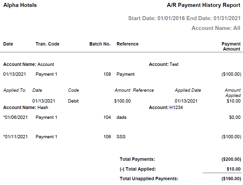 Payment History Report