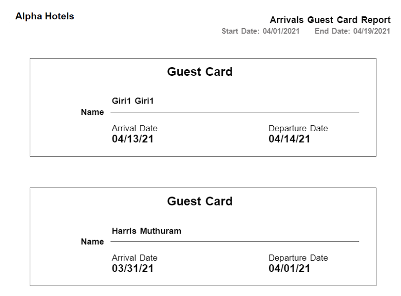 Arrivals Guest Card